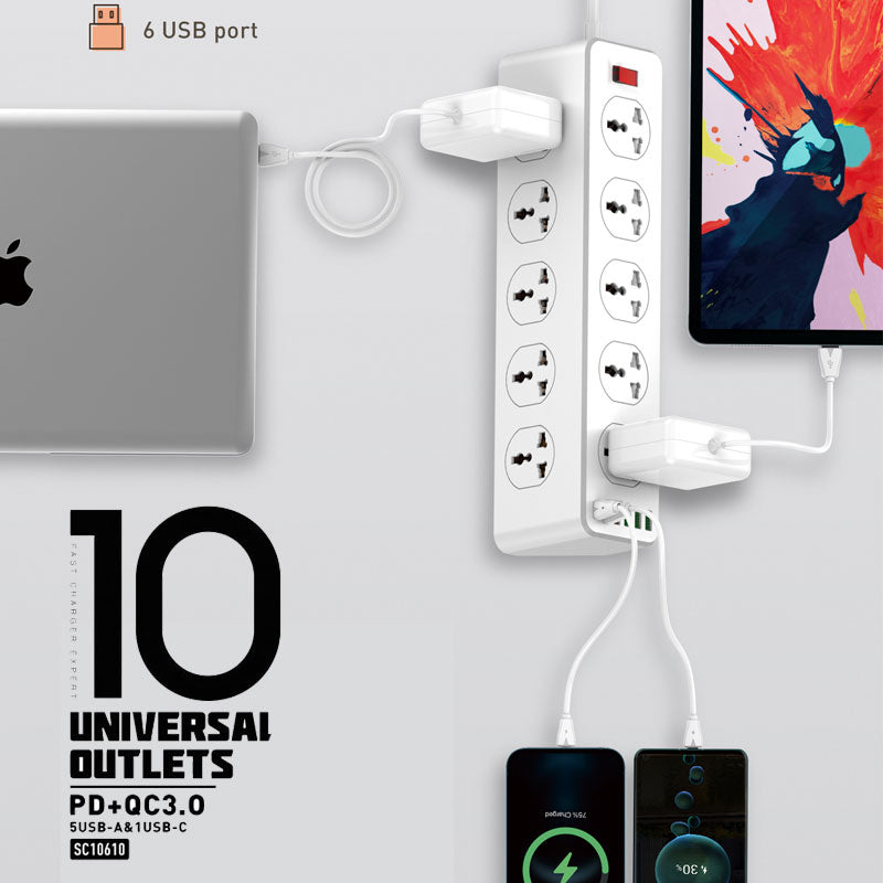 LDNIO 2500W 10 Outlet Sockets 6 USB Ports PD & QC3.0 Power Extension ...